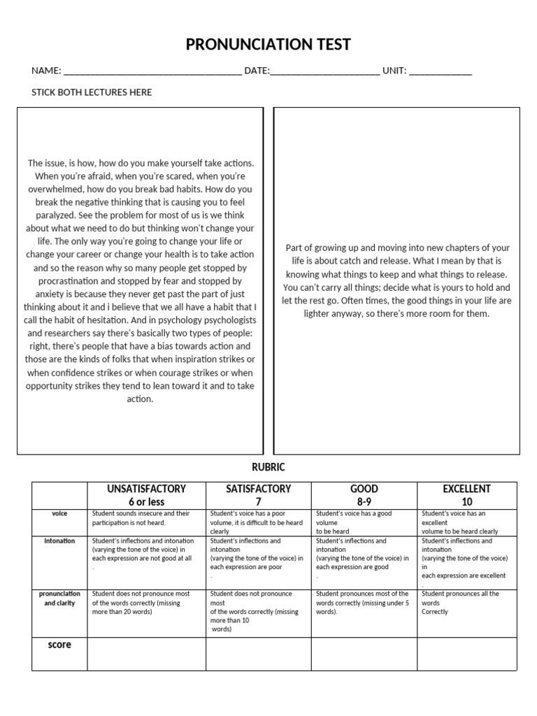 Pronunciation Test Rubric | PDF | Tone (Linguistics) | Psychological ...