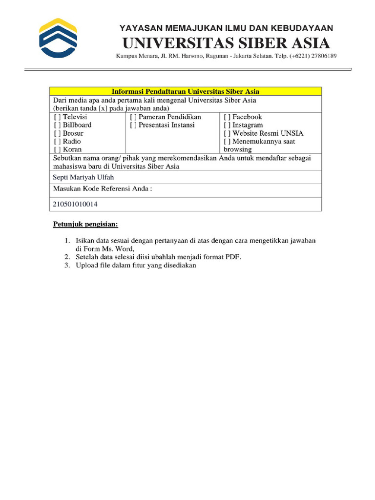 Form Informasi Pendaftaran Universitas Siber Asia | PDF