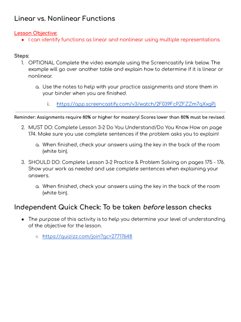 Lesson 3-2 Student Instructions_ Linear vs. Nonlinear Functions | PDF