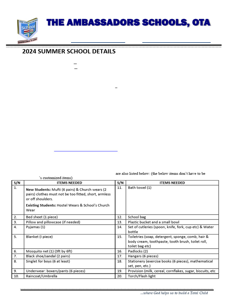2024 Summer School Registration Details | PDF
