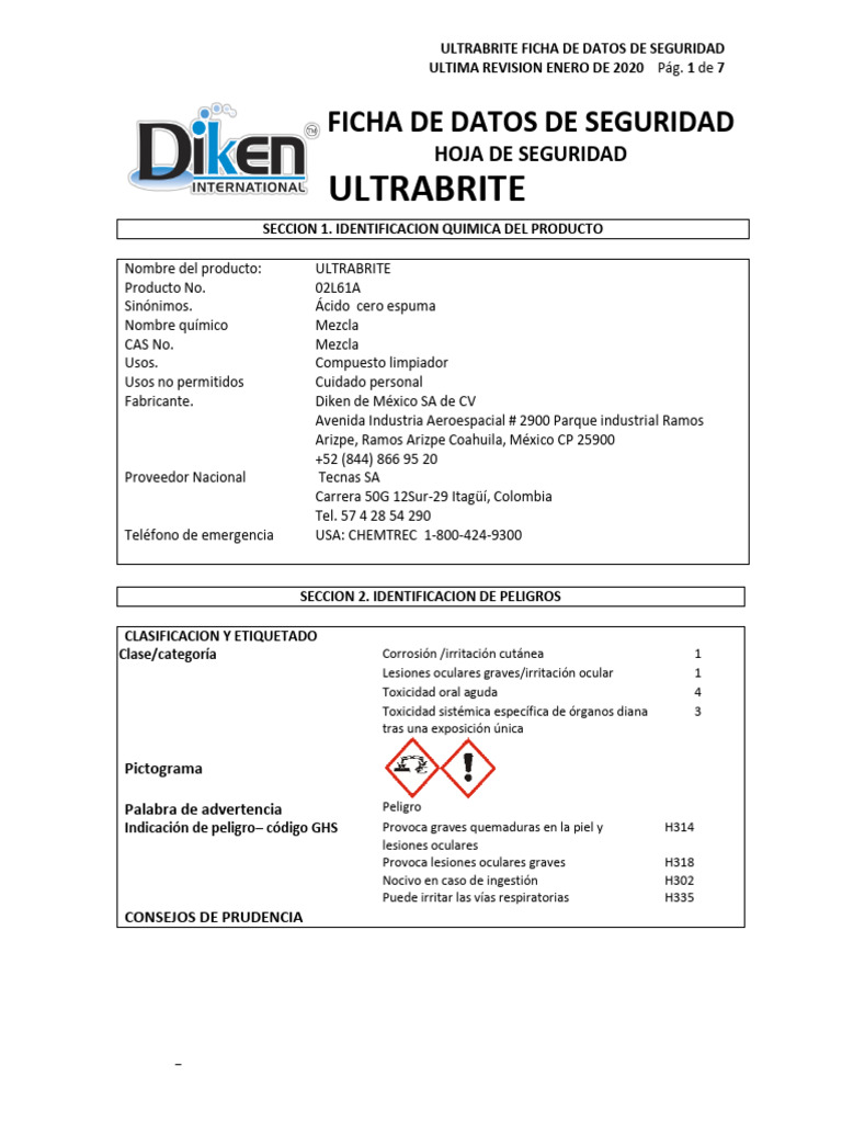 Ultra Brite Ficha Seguridad | PDF | Quemar | Combustión