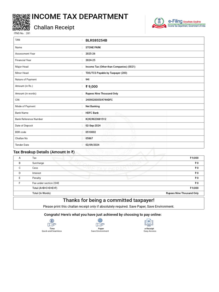 24090200050474HDFC_ChallanReceipt | PDF | Taxes | Personal Finance