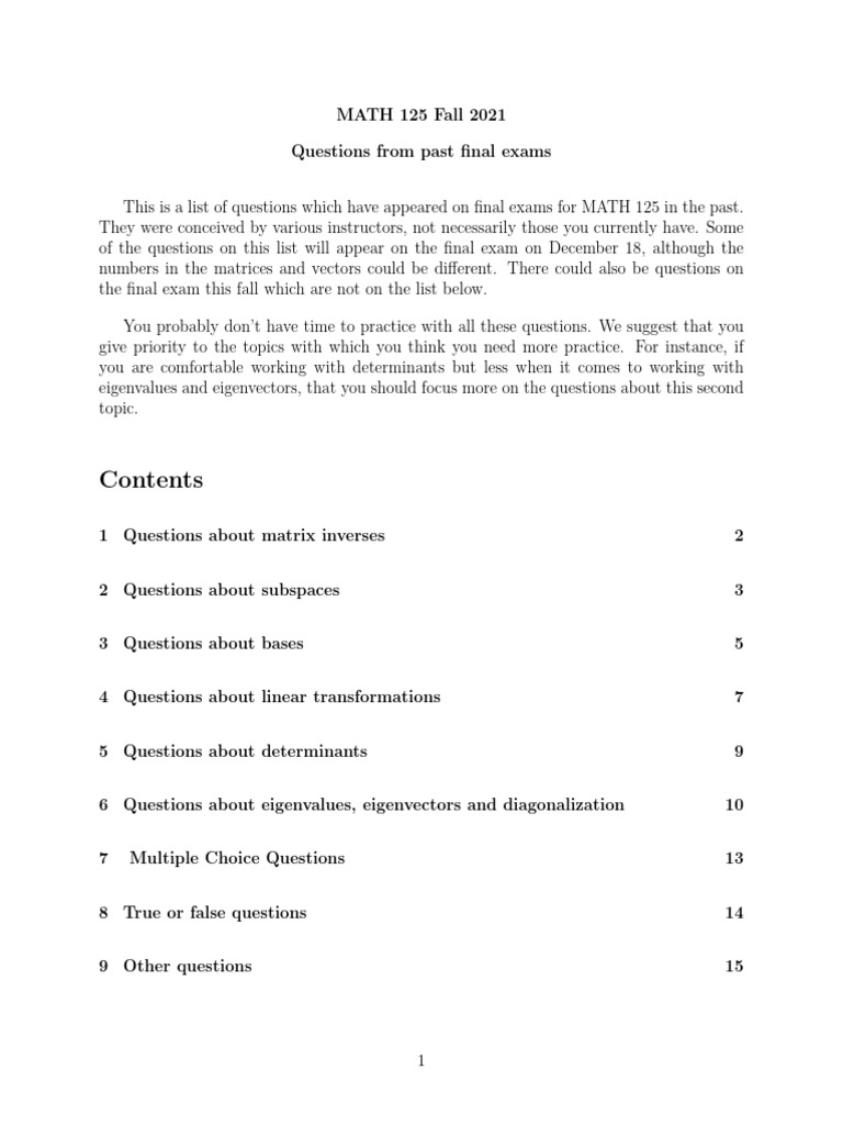 MATH125 Questions Past Final Exams | PDF | Eigenvalues And Eigenvectors | Matrix (Mathematics)