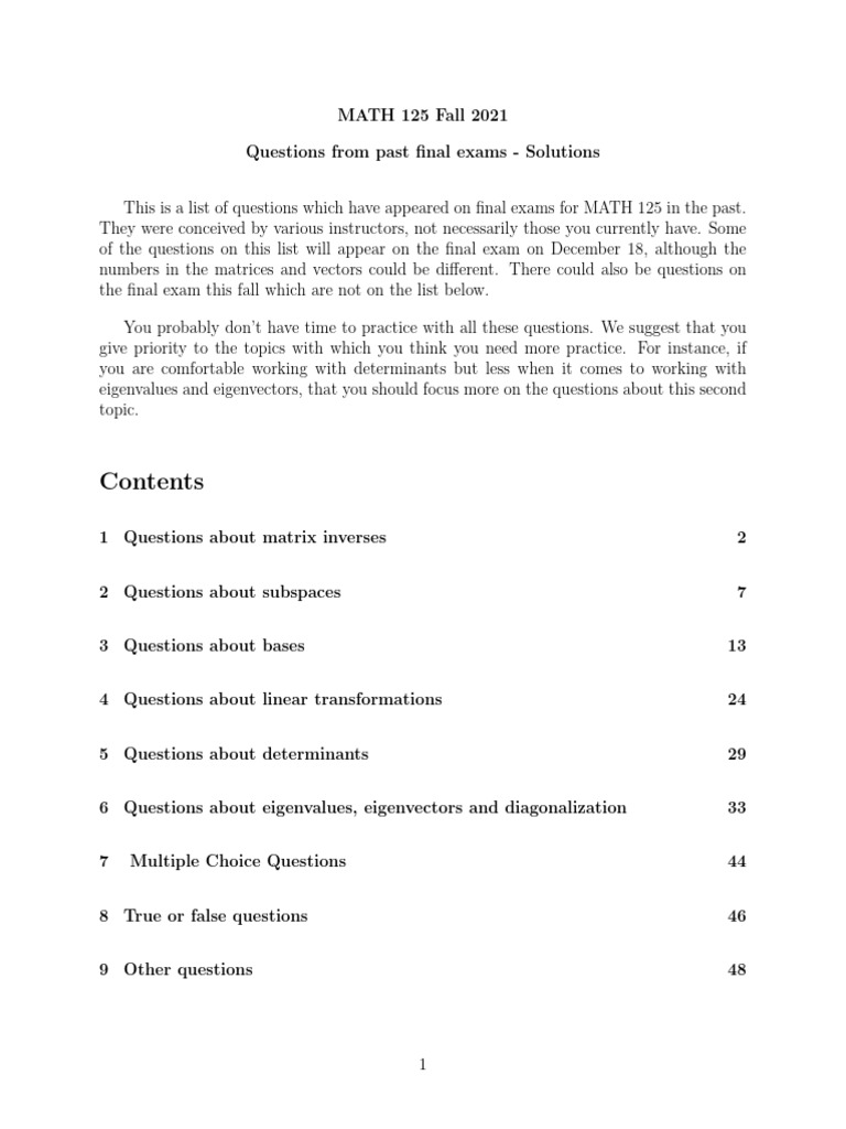 MATH125 Questions Past Final Exams Solutions | PDF | Linear Subspace ...