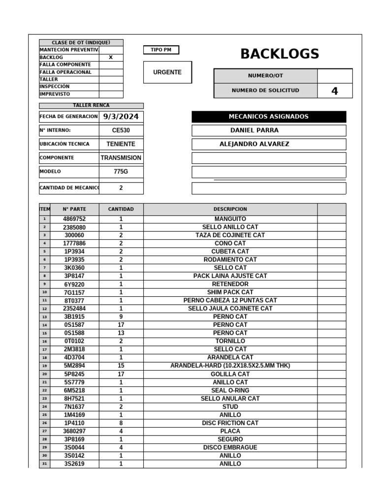 Backlog N°4 Transmision 775G | PDF | Tornillo | Ingeniería mecánica