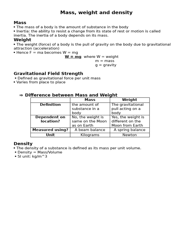 Mass, Weight and Density | PDF