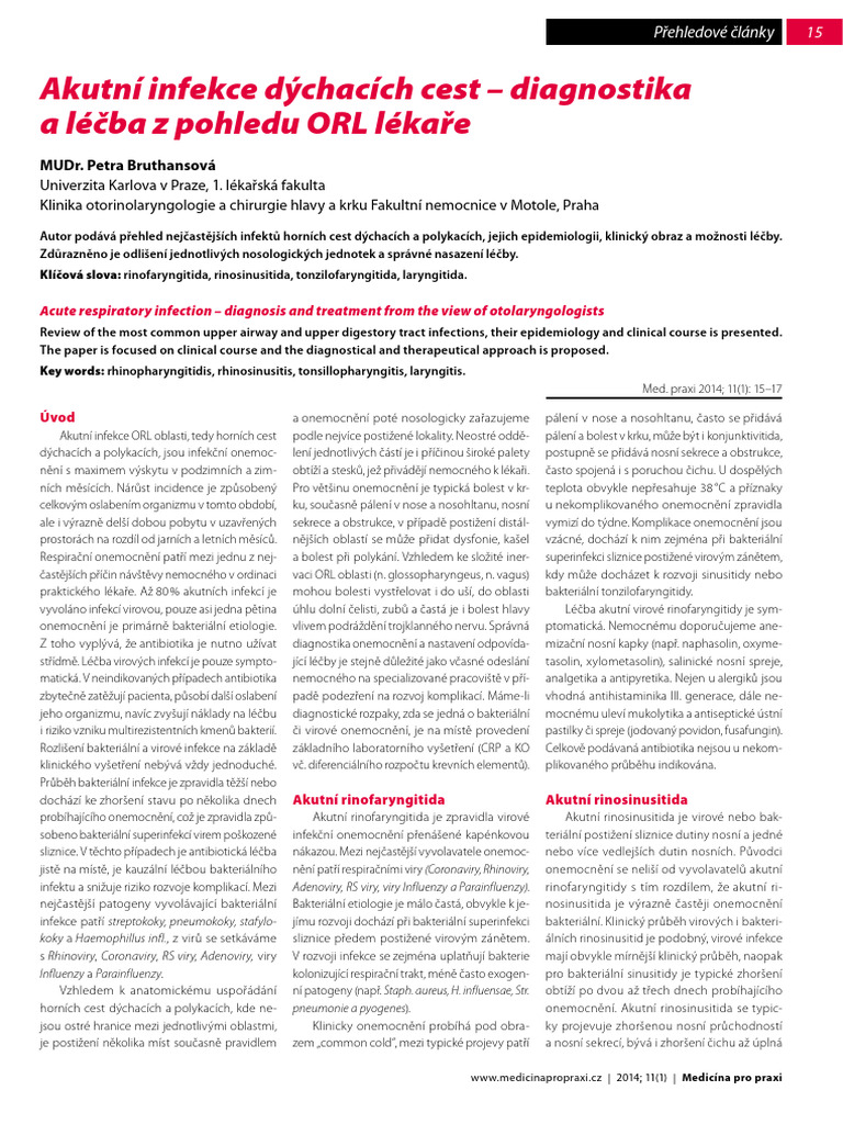 Akutní Infekce Dýchacích Cest - Diagnostika A Léčba Z Pohledu ORL Lékaře | PDF