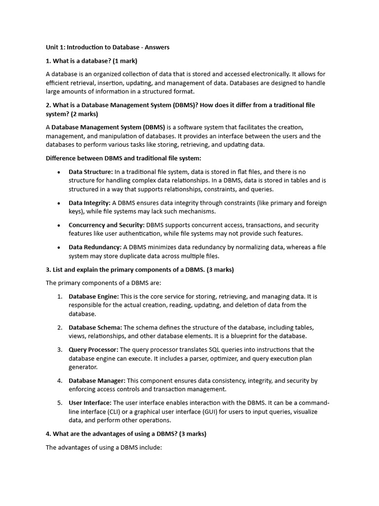 DBMS Answers Mid Questin Bank | PDF | Relational Model | Relational Database