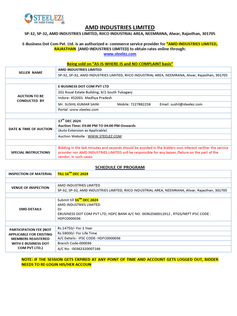 Amd Industries - Nimrana - Eauc - 17 - Dec - 24 | PDF | Auction