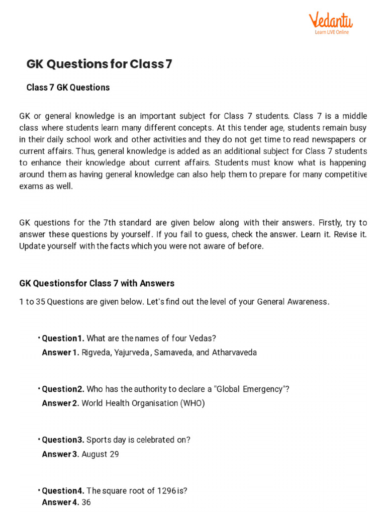 GK Questions For Class 7 | PDF