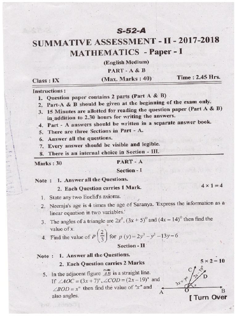 TLM4ALL@SA 2 9th Class Maths Paper 1 EM 2017 2018 | PDF