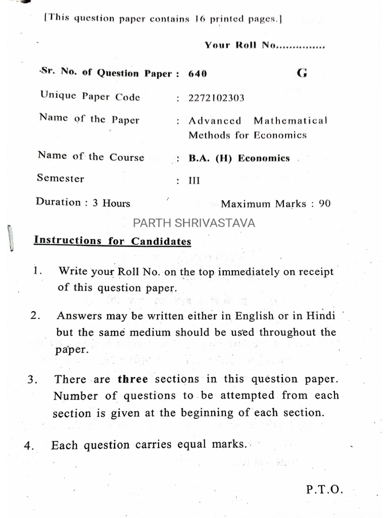Eco (H) S3 Advanced Mathematical Econo | PDF