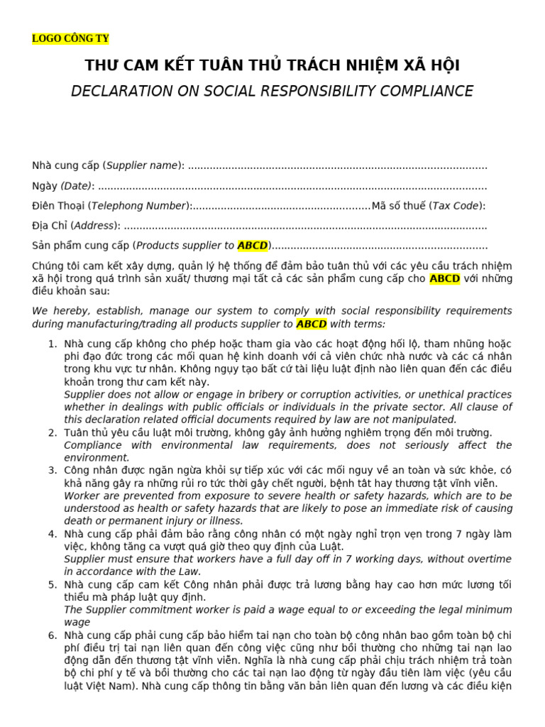 3.thu Cam Ket Tuan Thu TNXH | PDF