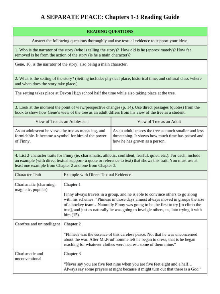 A Separate Peace - CH 1-3 Reading Guide | PDF