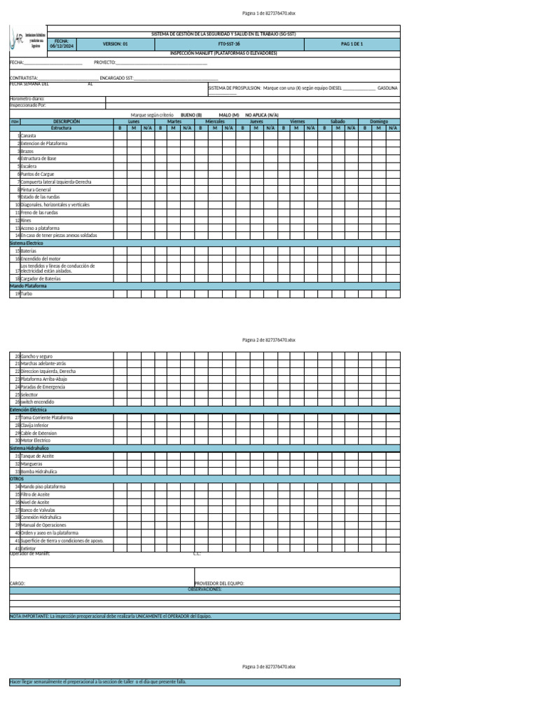 FRT-SST-36 Inspeccion Man Lift (Plataformas, Elevadores) | PDF