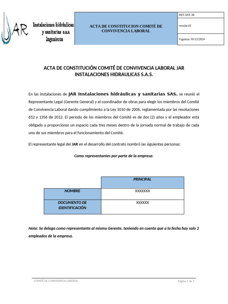 FRT-SST-38 Acta Conformacion Comite de Convivencia Laboral | PDF | Gobierno