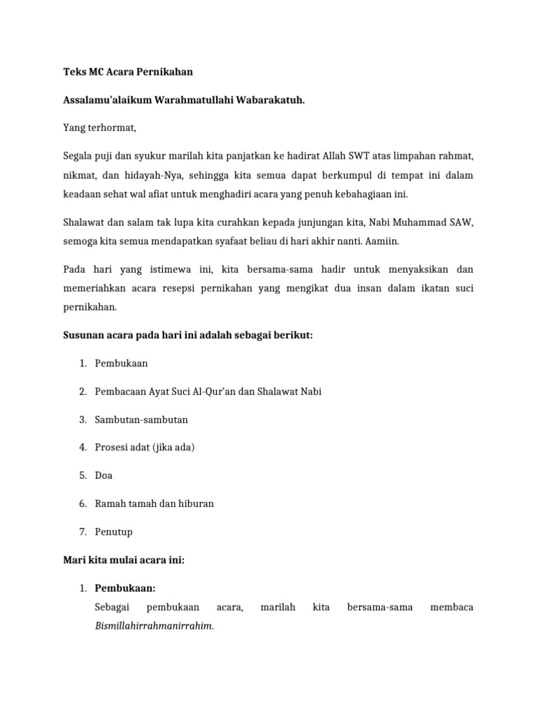 Teks MC Resepsi Pernikahan Lengkap | PDF