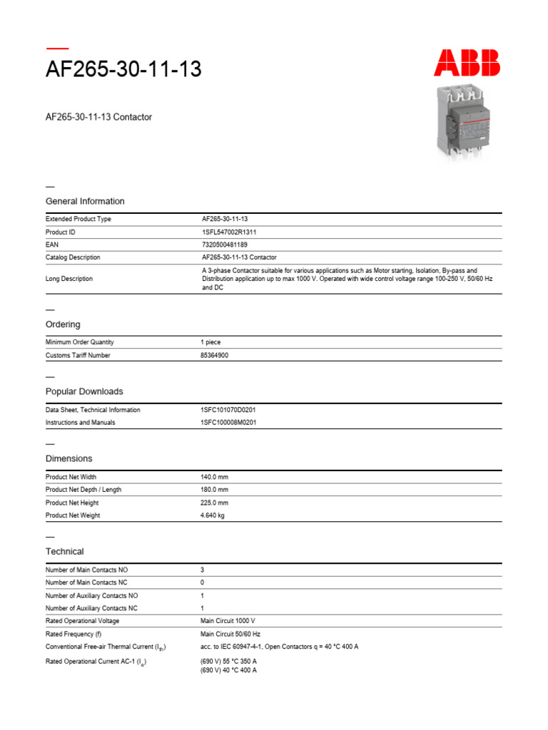 AF265-30-11-13 Contactor Specs | PDF | Electrical Equipment ...