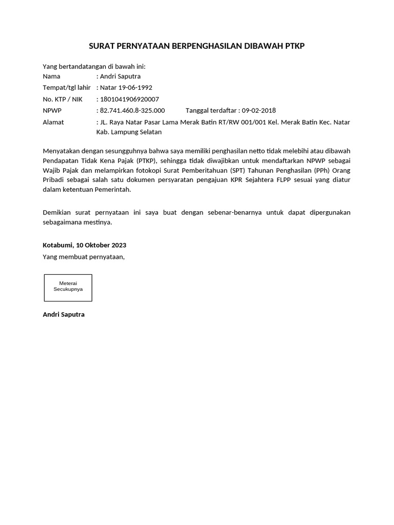 Format Surat Pernyataan Berpenghasilan Dibawah PTKP An. Andri Saputra | PDF