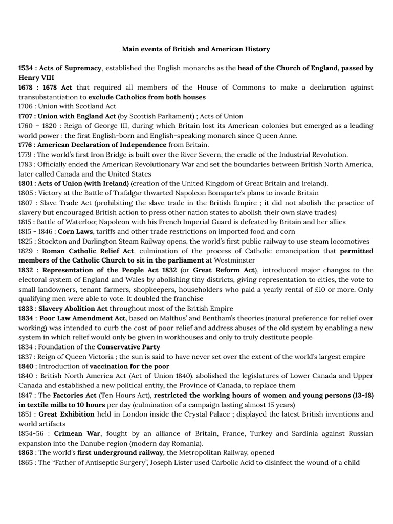 Key Events in British and American History | PDF | United Kingdom Of ...