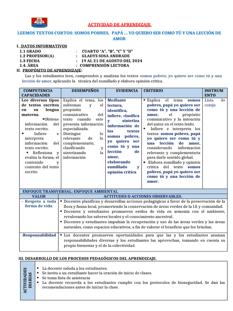 Actividad de Aprendizaje Comprension Lectora 4to. | PDF | Enseñando | Comprensión lectora