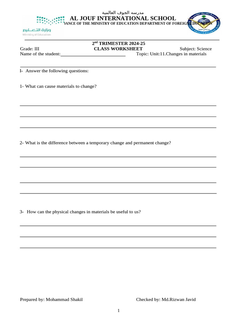 Science Worksheet on Material Changes | PDF