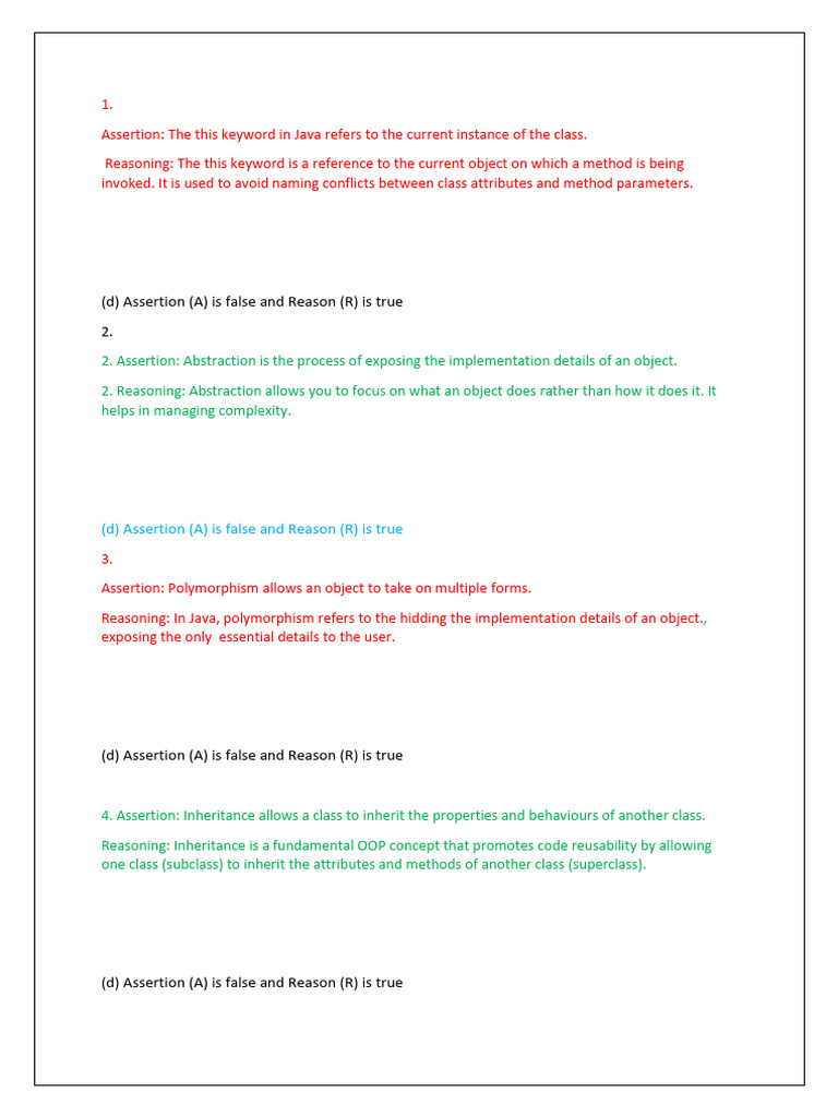 Assertion Reasoning Mcq Questions Answers Pdf Inheritance Object Oriented Programming 6402