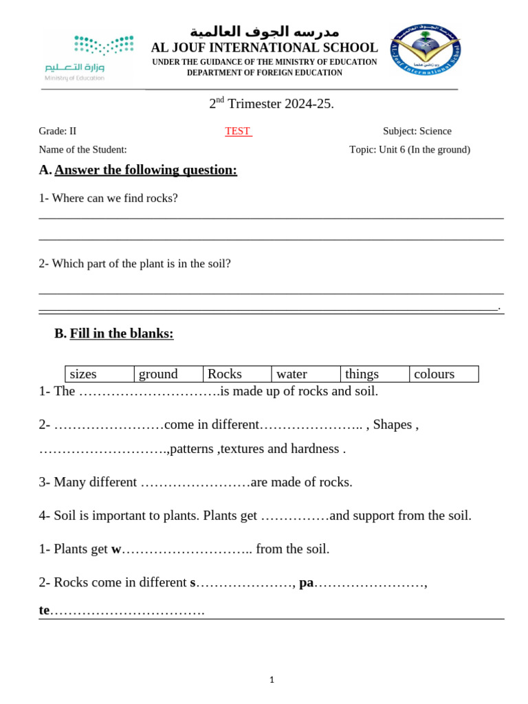 Grade2 - Unit 6 Science in The Ground 2, TEST. | PDF