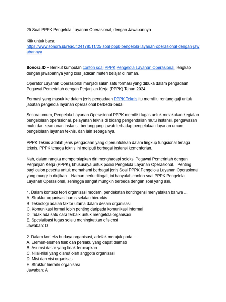 25 Contoh Soal PPPK 2024 - Pengelola Layanan Operasional (All) | PDF