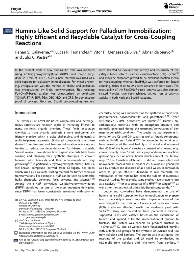 Eur J Org Chem - 2022 - Galaverna - Humins%E2%80%90Like Solid Support ...