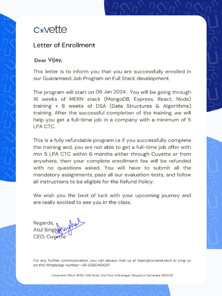PGP BATCH PRO PLUS Enrollment Letter - Vijay | PDF