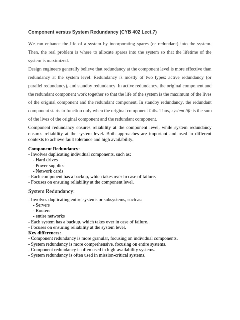 Component Versus System Redundancy (CYB 402 Lect.7) | PDF | Reliability ...