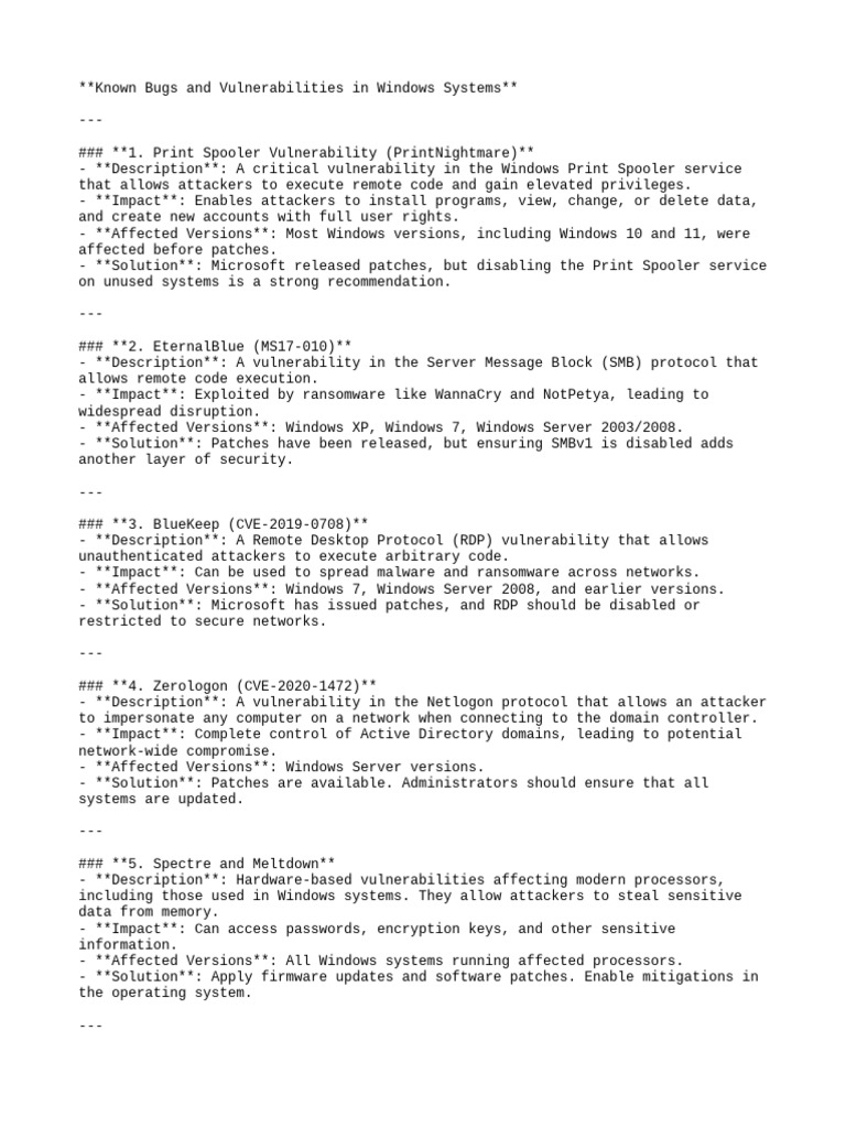 Known Bugs and Vulnerabilities | PDF | Microsoft Windows | Security Technology