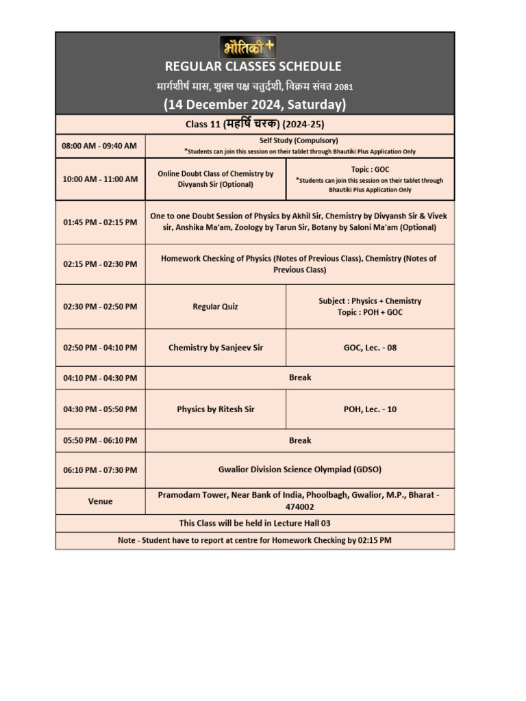 Gwalior Science Olympiad Class Schedule | PDF
