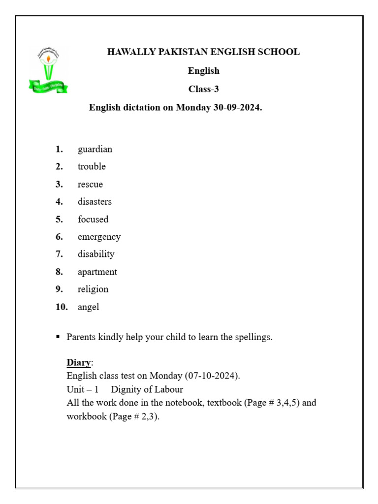 Class 3 English Dictation & Test Guide | PDF