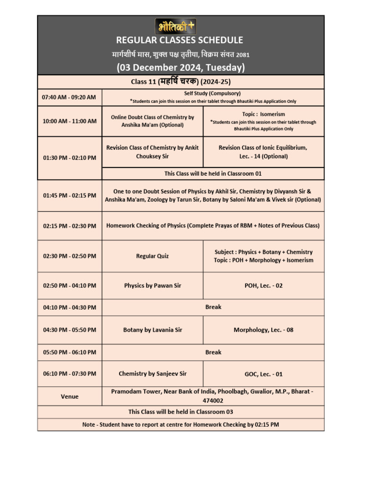 Regular Classes Schedule BPN XI (महर्षि चरक) (03-12-2024) | PDF