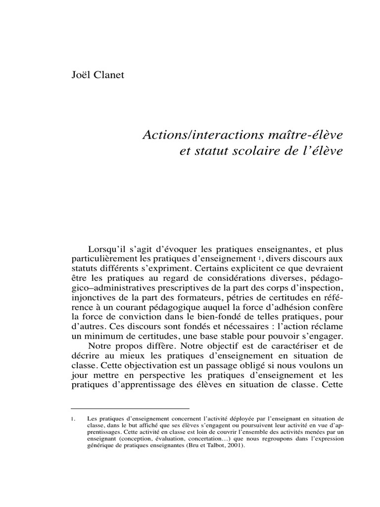 Actions maître-élève et statut scolaire | PDF | Pédagogie | Sciences ...