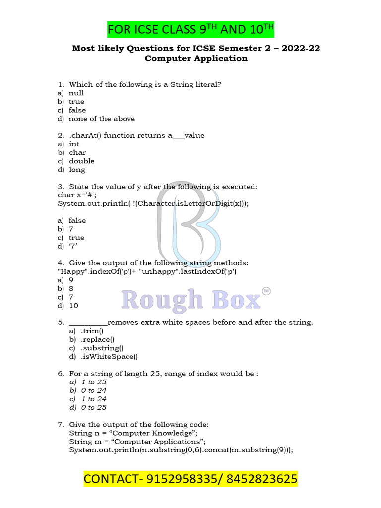 ICSE Class 9-10 Java Questions | PDF | Integer (Computer Science) | Parameter (Computer Programming)