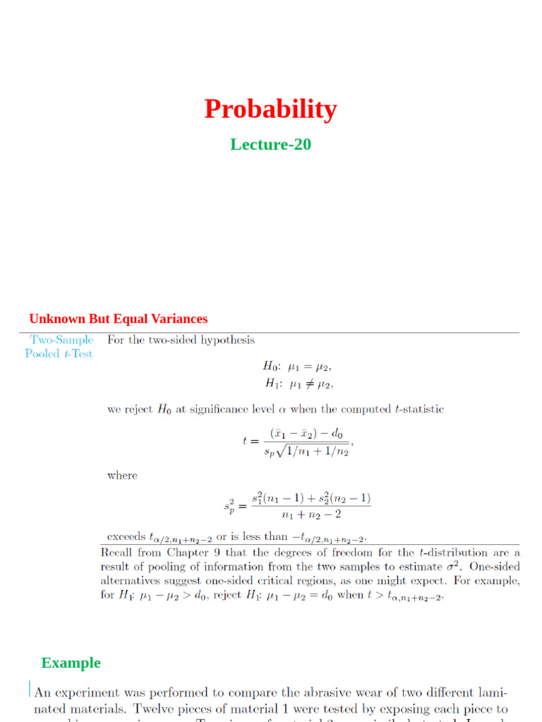 Probability: Unknown Equal Variances | PDF