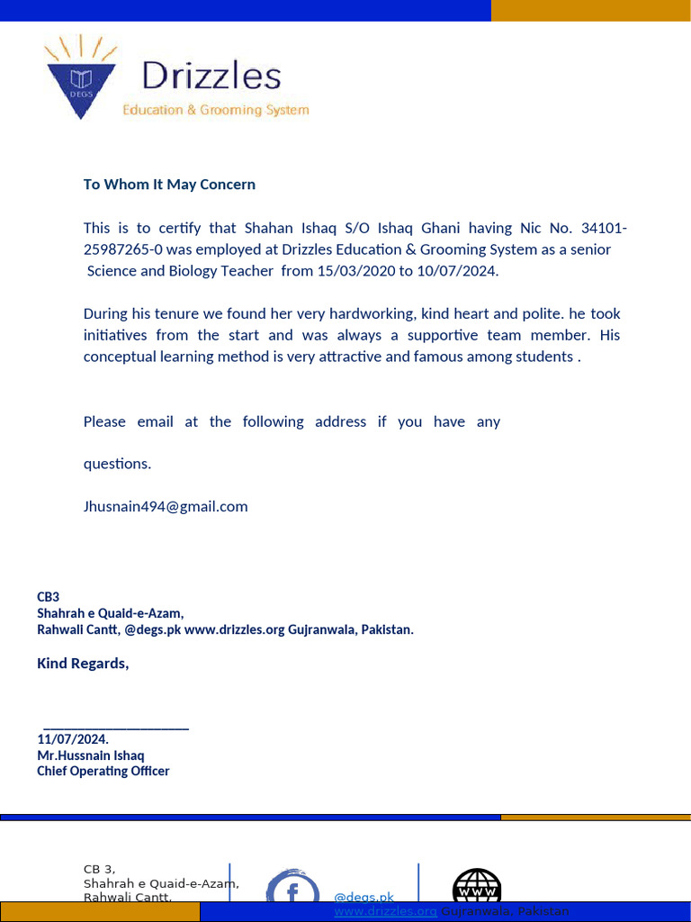 Experience Letter Teacher | PDF