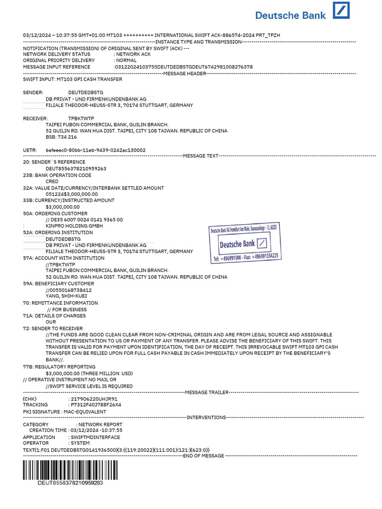 MT103 GPI Cash Transfer Notification | PDF | Banks | Transmission Control Protocol