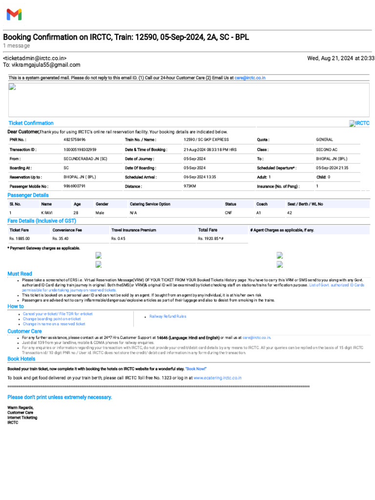 Gmail - Booking Confirmation on IRCTC, Train_ 12590, 05-Sep-2024, 2A, SC - BPL | PDF | Service ...
