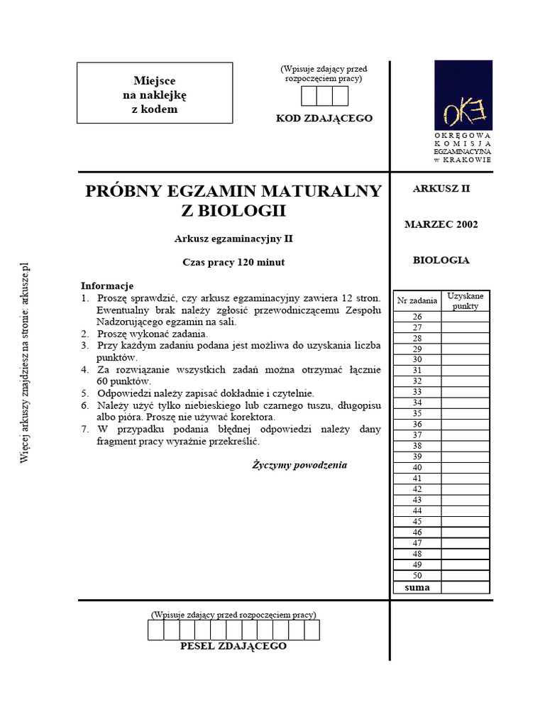 Biologia 2002 Marzec Probna Rozszerzona | PDF