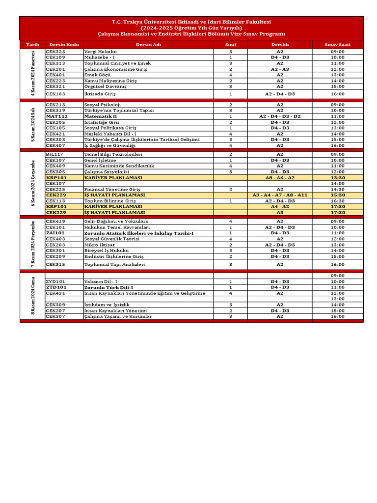 Calisma Ekonomisi Ve Endustri Iliskileri Vize Sinav Programi - 2024 2025 Guz | PDF