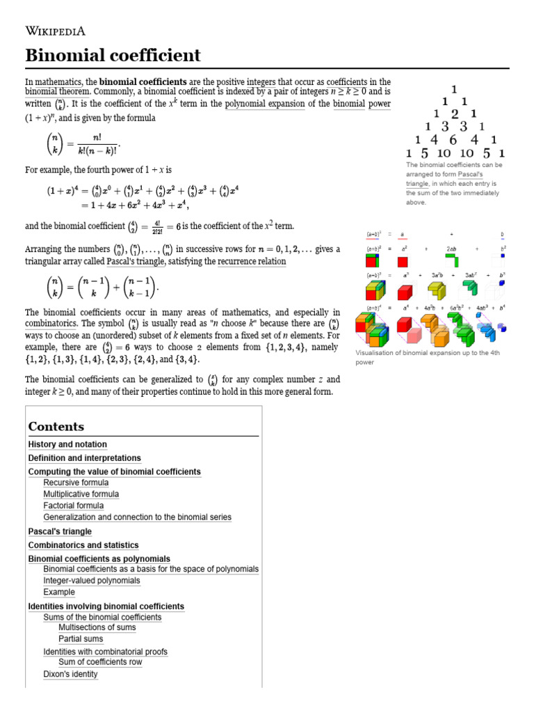 Binomial coefficient - Wikipedia | PDF | Polynomial | Combinatorics Binomial coefficient - Wikipedia | PDF | Polynomial | Combinatorics