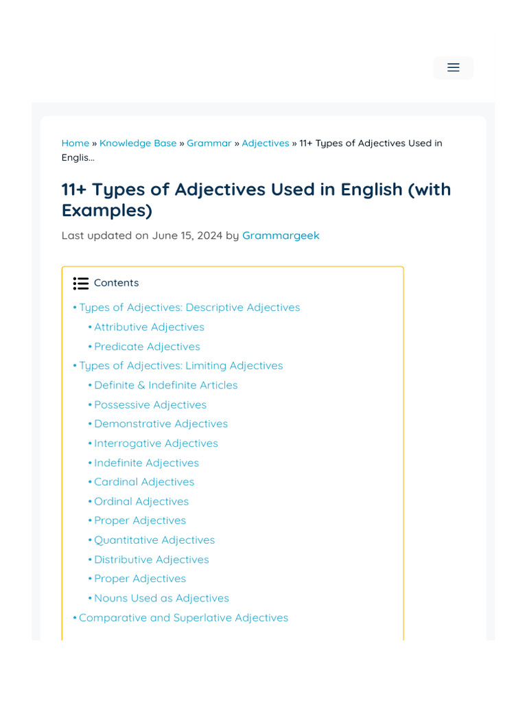 11+ Types of Adjectives Used in English (With Examples) • 7ESL | PDF ...