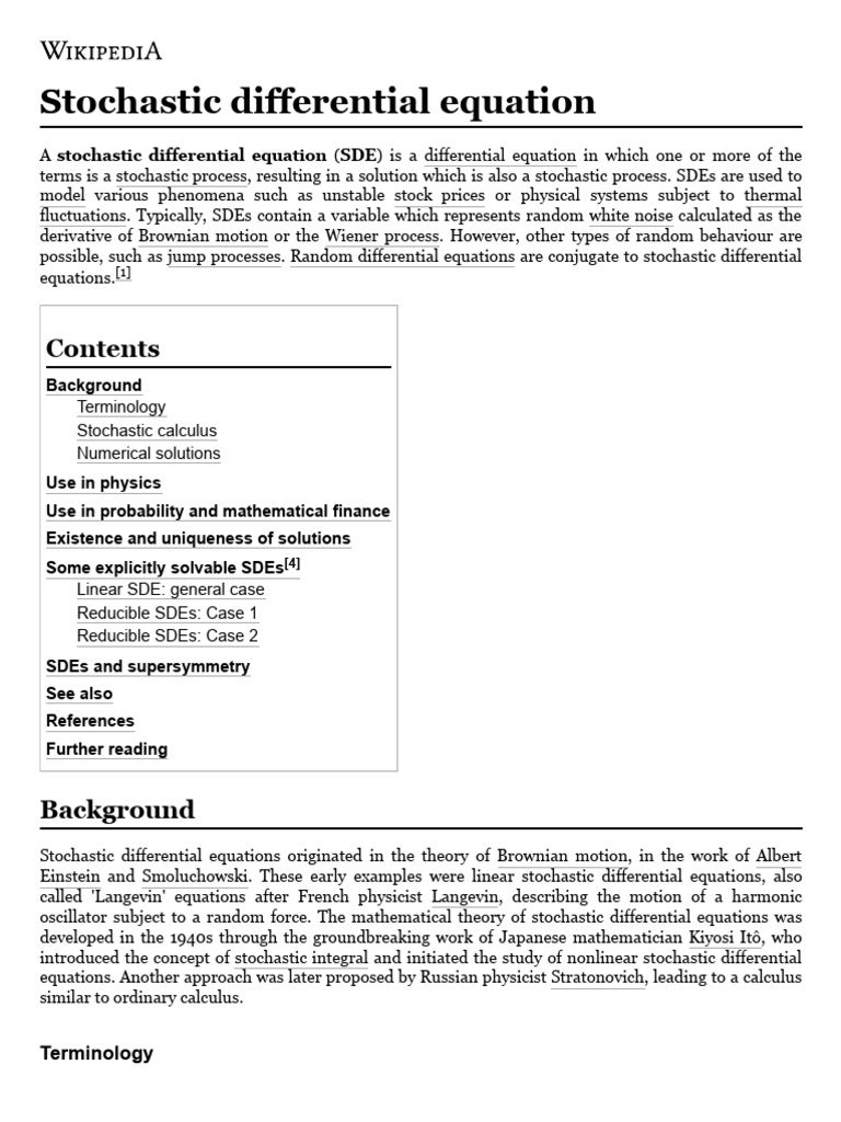 Stochastic Differential Equation - Wikipedia | PDF | Stochastic Differential Equation | Applied ...