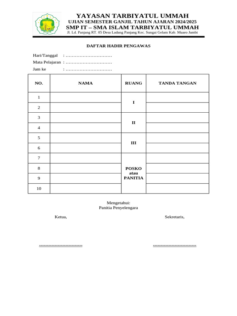 DAFTAR HADIR PENGAWAS UJIAN 2024 | PDF