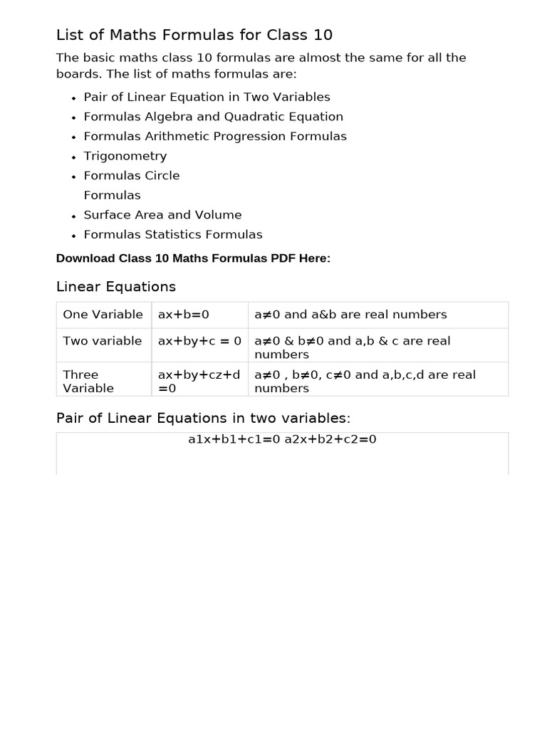 Maths Formulas For Class 10 PDF | PDF | Trigonometric Functions ...