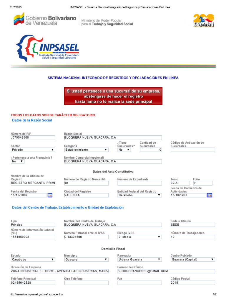 INPSASEL - Sistema Nacional Integrado de Registros y Declaraciones En ...